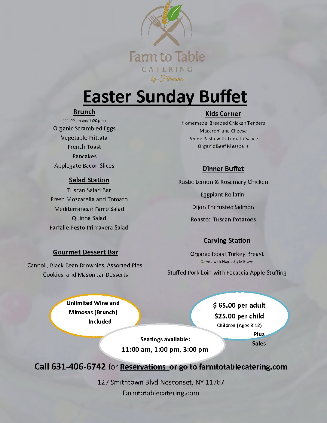 Easter Sunday Brunch 2024 – 1:00 PM – Farm to Table by Filomena